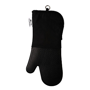 VEERAPPYDY Silicone Oven Mitts Non-Slip Grip Gloves for Grilling Baking Cooking, Heat Resistant 540 degree F, Flexible Terry Cloth Cotton, Storage Hanging Hooks Black 2 pack, 14.9X6.7in