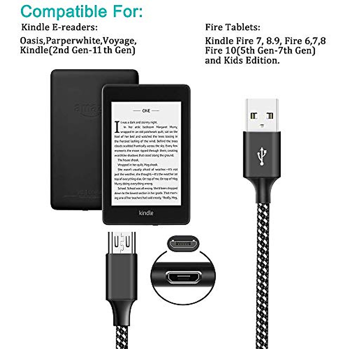 Micro USB Cable for Fire Tablet HD 7 8 10 4th 5th 6th 7th Generation,E-Readers,TV Stick Power Cord Samsung Galaxy Braided Android Phone Charger Fast Charging Cable Mini PC Intel Computer Stick 6 FT