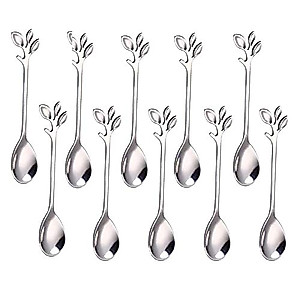 Stainless Steel Leaf Coffee Spoon, SZBAIDEKJ 10 Pcs Creative Tableware Dessert Spoons, Stirring, Mixing, Sugar, Stir, Ice Cream Teaspoon Set (Silver)