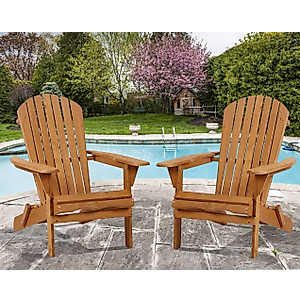BIQWBIC Folding Adirondack Chairs Set of 2, Solid Wood Adirondack Chair Lawn Chairs with Wide Armrest, All-Weather Outdoor Chairs Set Fire Pit Chairs Garden Chair, 250 Lbs, Easy to Install, Natural