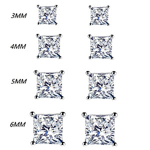 925 Sterling Silver Stud Earrings, 4 Pair Square Cubic Zirconia Stud Earring for Women Men 3 4 5 6mm
