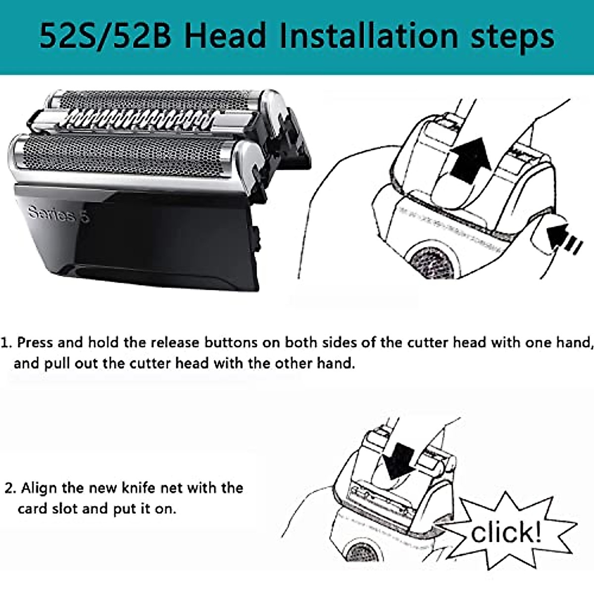 52S Shaver Replacement Head for Series 5 Foil & Cutter Replacement Head Blades Fit for Braun Razor Series 5, 1-Pack 52S Replacement Head for Electric Shaver 5020s, 5030s, 5040s, 5050cc, 5070cc, 5090cc
