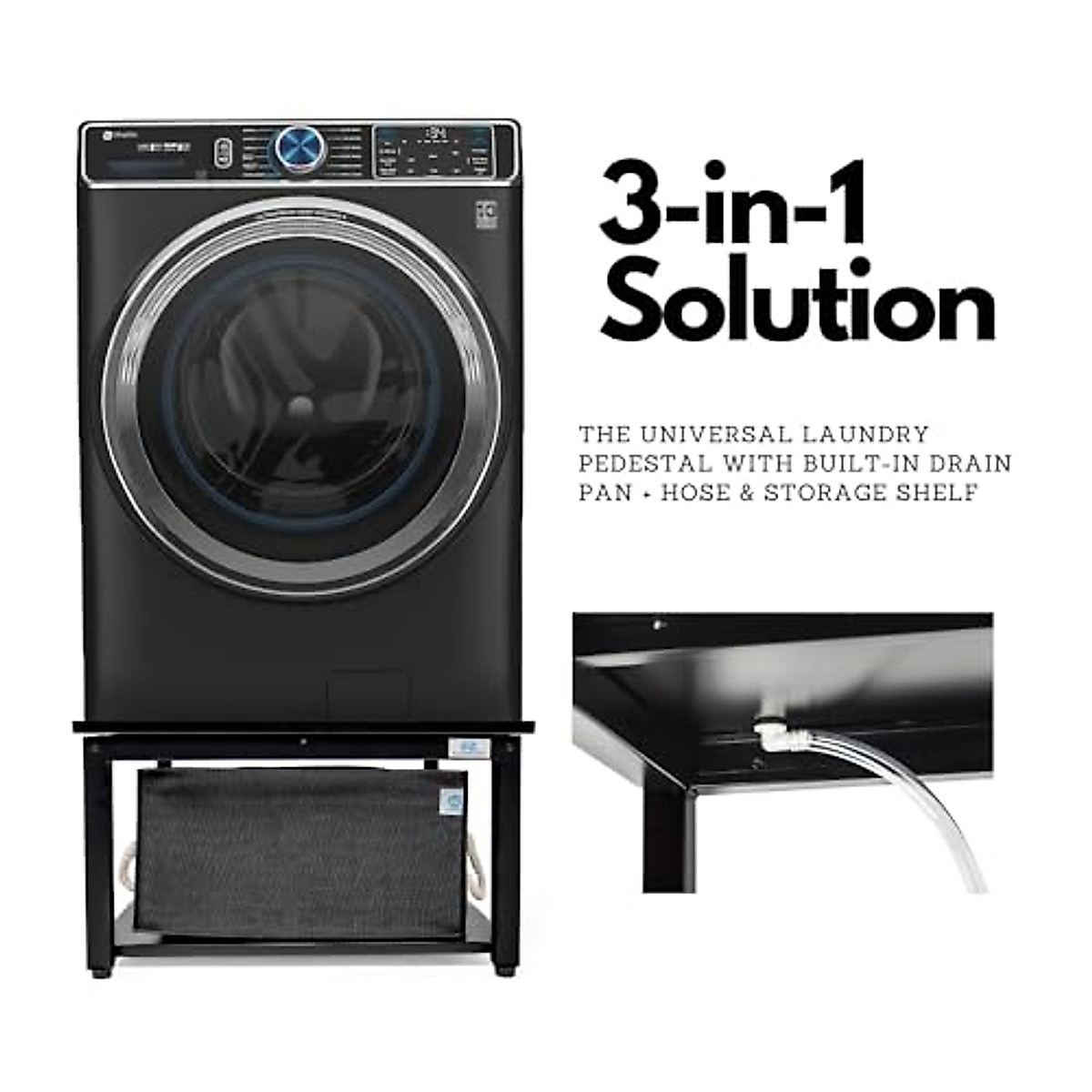 EZ Laundry | Upgraded 29” Universal Pedestal – 700lbs Capacity, Raises 16” with Built-in Drain Pan + Hose, Adjustable Feet, Anti-Vibration, Steel & Storage Shelf for Washer & Dryer (Black)