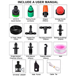 Drip Irrigation Kit 50ft/15m Garden DIY Irrigation System with Distribution Tubing Hose Adjustable Nozzles Plant Watering Kit Mist Irrigation System for Garden, Patio, Greenhouse, Lawn