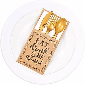 Thanksgiving Dinner Party Utensil Holder Pockets, Eat Drink & Be Thankful (36 Pack)