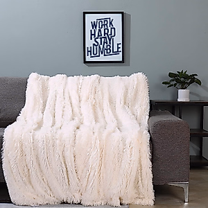 Tuddrom Decorative Extra Soft Faux Fur Blanket Queen Size 80"x90",Solid Reversible Fuzzy Long Hair Shaggy Blanket,Fluffy Plush Fleece Comfy Microfiber Fur Blanket for Couch Sofa Bed,Cream White