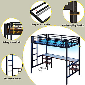 ANCTOR Loft Bed Twin Size with Desk and 4 Storage Shelves, Metal Loft Bed Frame with Power Outlet and LED Lighted, Safety Guard & Ladder, Space-Saving, Noise Free, Black