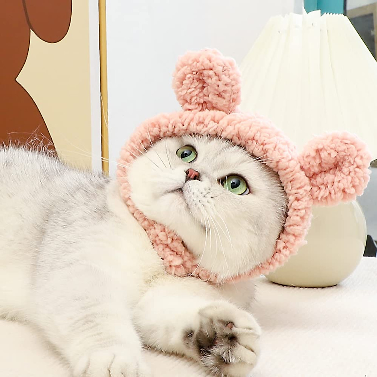 JOICEE Cute Cat Costume Warm Bear Hat for Cat Adjustable Soft Small Pet Headwear Bear Hat for Cat Puppy Dog (Pink)