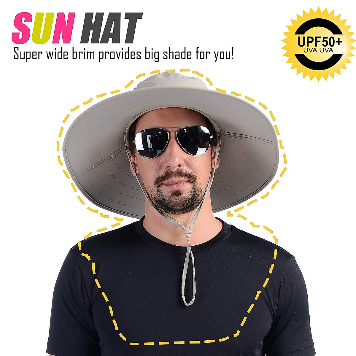 USHAKE Foldable Super Wide Brim Fishing Hat Bucket Safari Hat, UPF 50+ Sun Hat Khaki