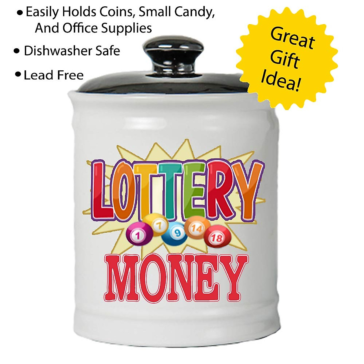 Cottage Creek Lottery Box Round Ceramic Lottery Money Jar/Fun Novelty Lottery Gifts Lotto Gifts [White]