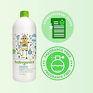 Soybec Baby Bottle Soap & Baby Bottle Brush Cleaner Bundle - (1) 32oz Babyganics Foaming Dish & Bottle Soap Refill Fragrance-Free, (1) Dr. Brown's Baby Bottle Brush Plus Baby Cleaning Tip Sheet