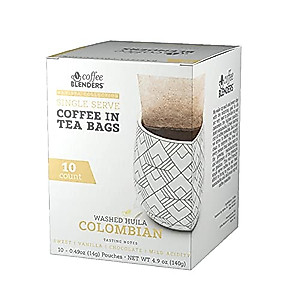 Coffee Blenders Tea Bag Coffee - Colombian Flavor 10 Count Single Serve Instant Coffee, Portable Drip T-Bag Packets, Convenient Fast Fresh Simple