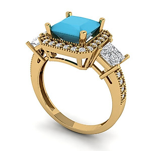 Clara Pucci 2.93 ct Cushion Cut Halo 3 stone Genuine Simulated Turquoise Engagement Promise Anniversary Bridal Ring 18K Yellow Gold 5.25