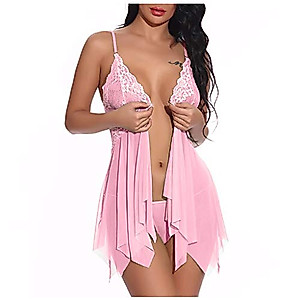 Aniywn Sexy Plus Size Lingerie Sets for Women Sexy Lace Lingerie Front Closure V Neck Mesh Nightwear Chemise Sleepwear Pink