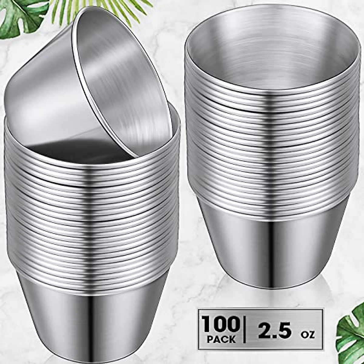 Potchen 100 Packs 2.5 oz Condiment Sauce Cups Stainless Steel Dipping Sauce Cups Reusable Condiment Dishes Individual Round Condiments for Condiments Vinegar Butter Ice Cubes Nuts Ketchup Honey