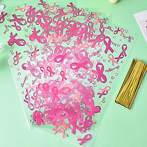 Ysqool 50 Breast Cancer Support Cellophane Treat Bags,Pink Ribbon Pattern Party Bags Clear Plastic Candy Goodie Gift Bags with Gold Twist Ties for Breast Cancer Awareness Party Supplies Gift Wrapping