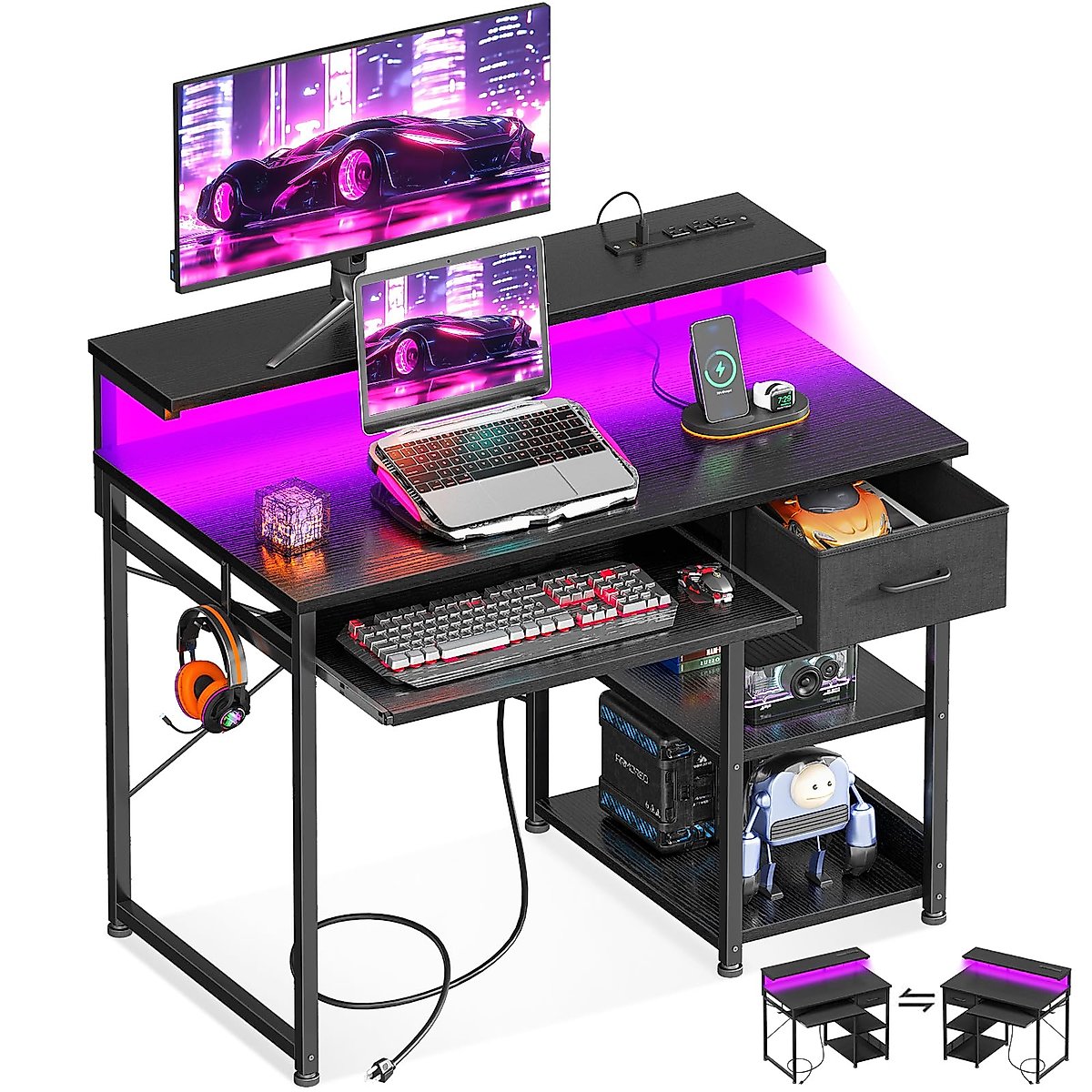 AODK Gaming Desk with LED Lights & Power Outlet, 40 Inch Small Computer Desk with Keyboard Tray, Office Desk with Drawer, Reversible Desk with Adjustable Monitor Shelf and Storage Shelf, Black