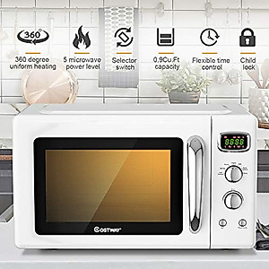 COSTWAY Retro Countertop Microwave Oven, 0.9Cu.ft, 900W Microwave Oven, with 5 Micro Power, Defrost & Auto Cooking Function, LED Display, Glass Turntable Viewing Window, Child Lock, ETL