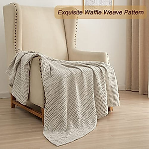 PHF Ultra Soft Waffle Weave Throw Blanket 50"x 60"- Washed Lightweight Breathable Cozy Woven Blanket for All Season - Great for Couch Bed Sofa Home Car - Light Khaki/Linen