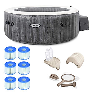Intex 28439E Greywood Deluxe 4 Person Inflatable Spa/Hot Tub w/ LED Light & 3 Pack Type S1 Pool Filter Cartridges w/ Attachable Cup Holder and Refreshment Tray & Inflatable Headrest & Maintenance Kit