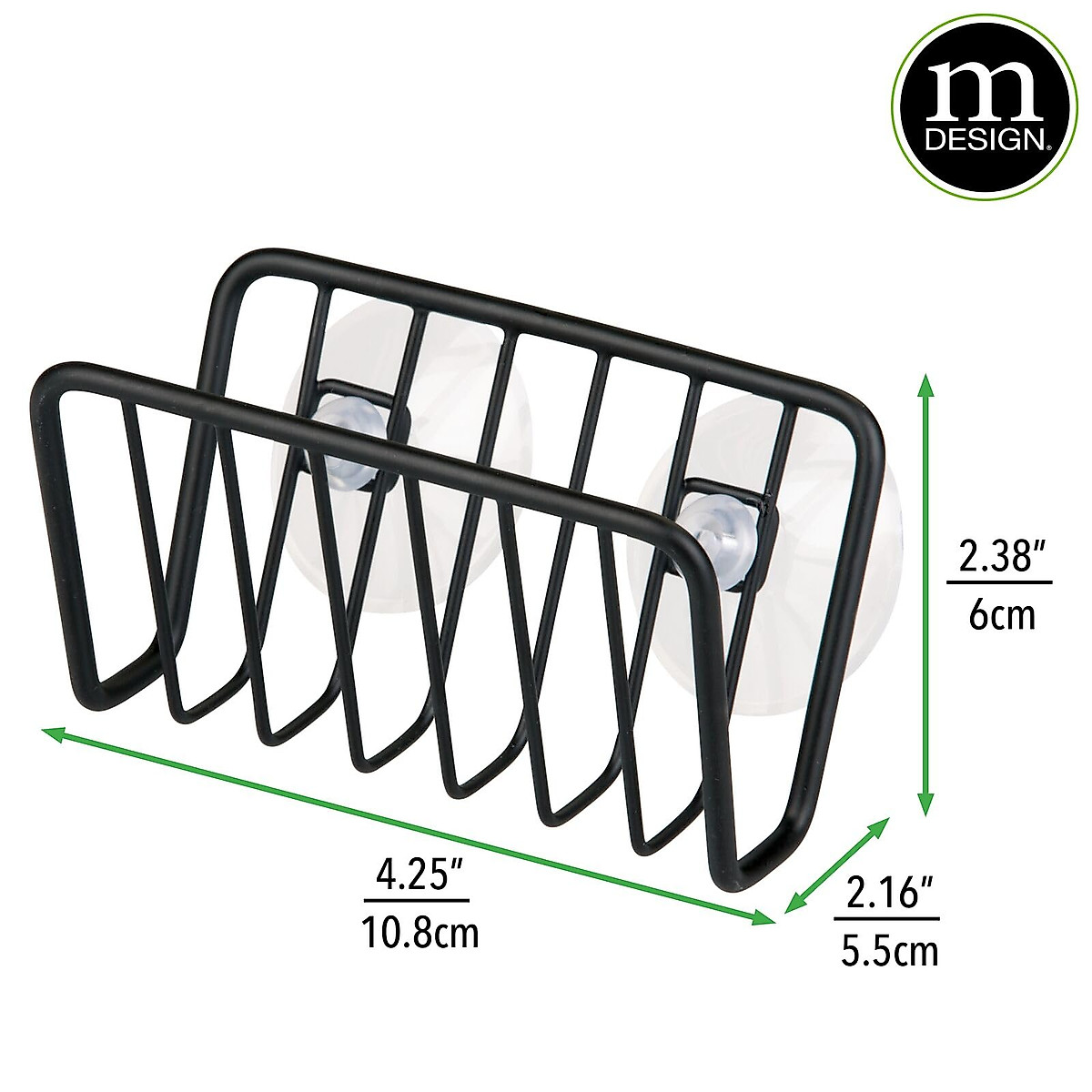 mDesign Metal Farmhouse Kitchen Sink Storage Organizer Caddy - Small Holder for Sponges, Soaps, Scrubbers - Quick Drying Open Wire Basket Design with Strong Suction Cups - Matte Black