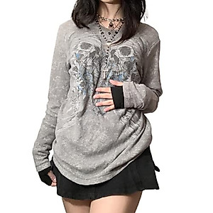 Y2K Long Sleeve Tops for Women Fairy Grunge Graphic Print Top Vintage Crop Top Tee(M-Grey,S)