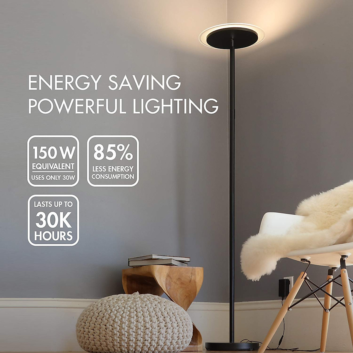 Tenergy Torchiere Dimmable LED Floor Lamp, Remote Controlled 30W (150W Equivalent) Standing Lamp, 90° Adjustable Top, Wall Switch Smart Outlet Compatible, Warm White Light