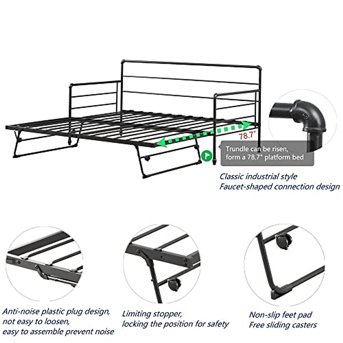 FULLJOJOR Daybed with Pop Up Trundle, Metal Daybed with Trundle & Pull-Out Trundle Set with Lockable Casters, Twin Platform Bed Sofa Bed for Living Room, Guest Room, No Box Spring Needed