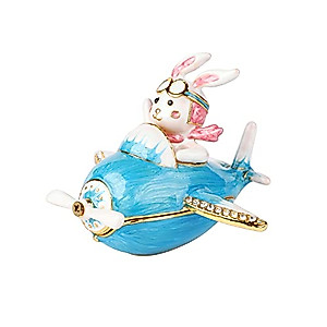 Furuida Airplane and Captain Rabbit Trinket Boxes Hinged Enamel Hand-Painted Animals Ornaments Unique Gift for Home Decor