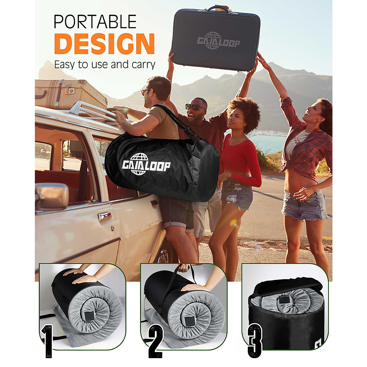 GAIALOOP Memory Foam Futon Mattress Car Camping Bed Glamping Roll Up Mattress, Japanese Floor Sleeping Mat Camp Cot Mattress Pad Travel Guest Adults Side Sleepers Space Gray [Twin: 75 * 38 * 3" ]