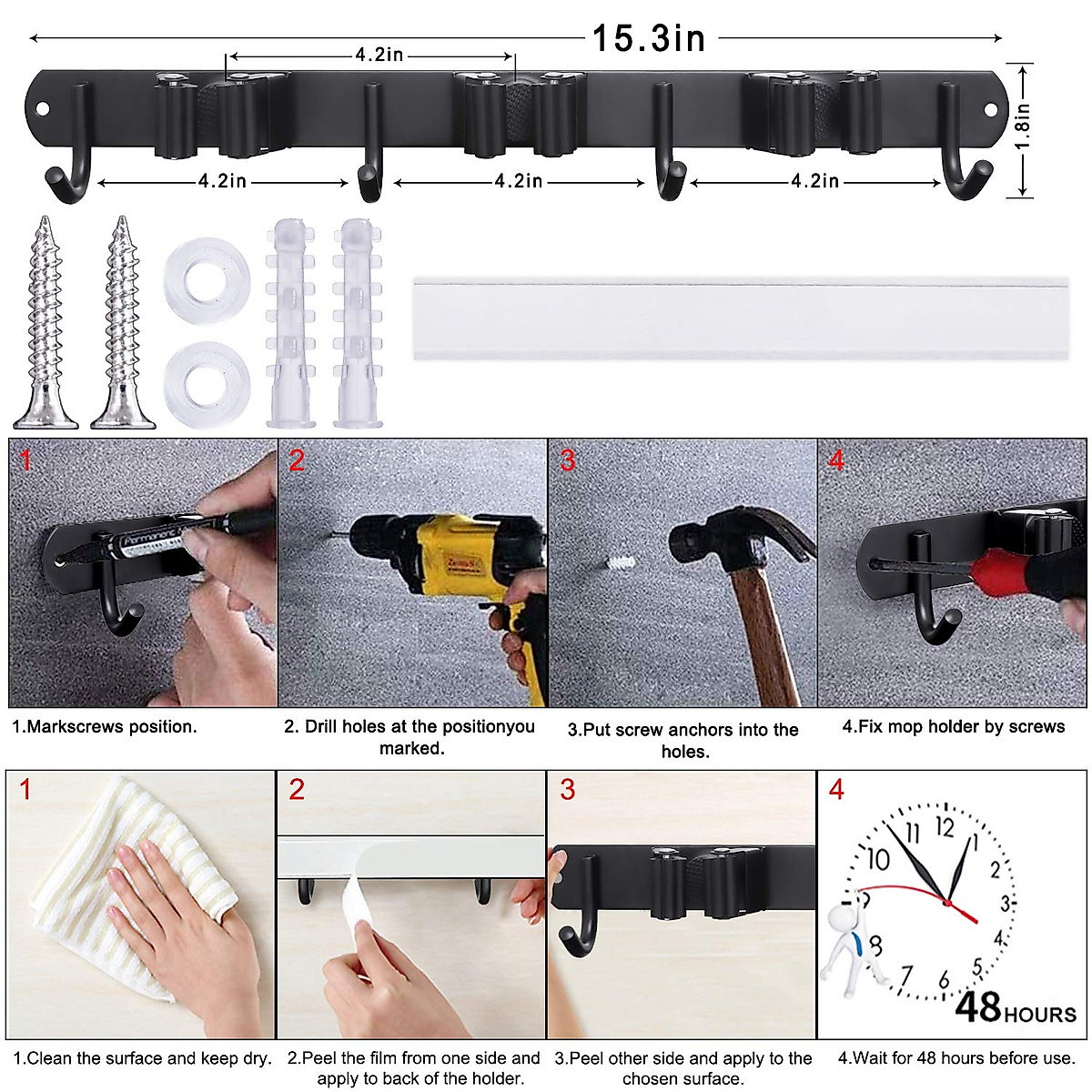 HYRIXDIRECT Broom Holder Wall Mount Broom Organizer Mop Holder Hanger Garden Tool Organizers Storage Rack Garage Laundry Room Organizations and Storage with Hooks Heavy Duty