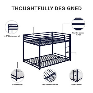 DHP Miles Low Metal Bunk Bed Frame for Kids, With Built-in Ladder, High Guardrail and Metal Slats, Floor Bed Bottom Bunk, No Boxspring Required, For Small Spaces, Full-Over-Full, Blue