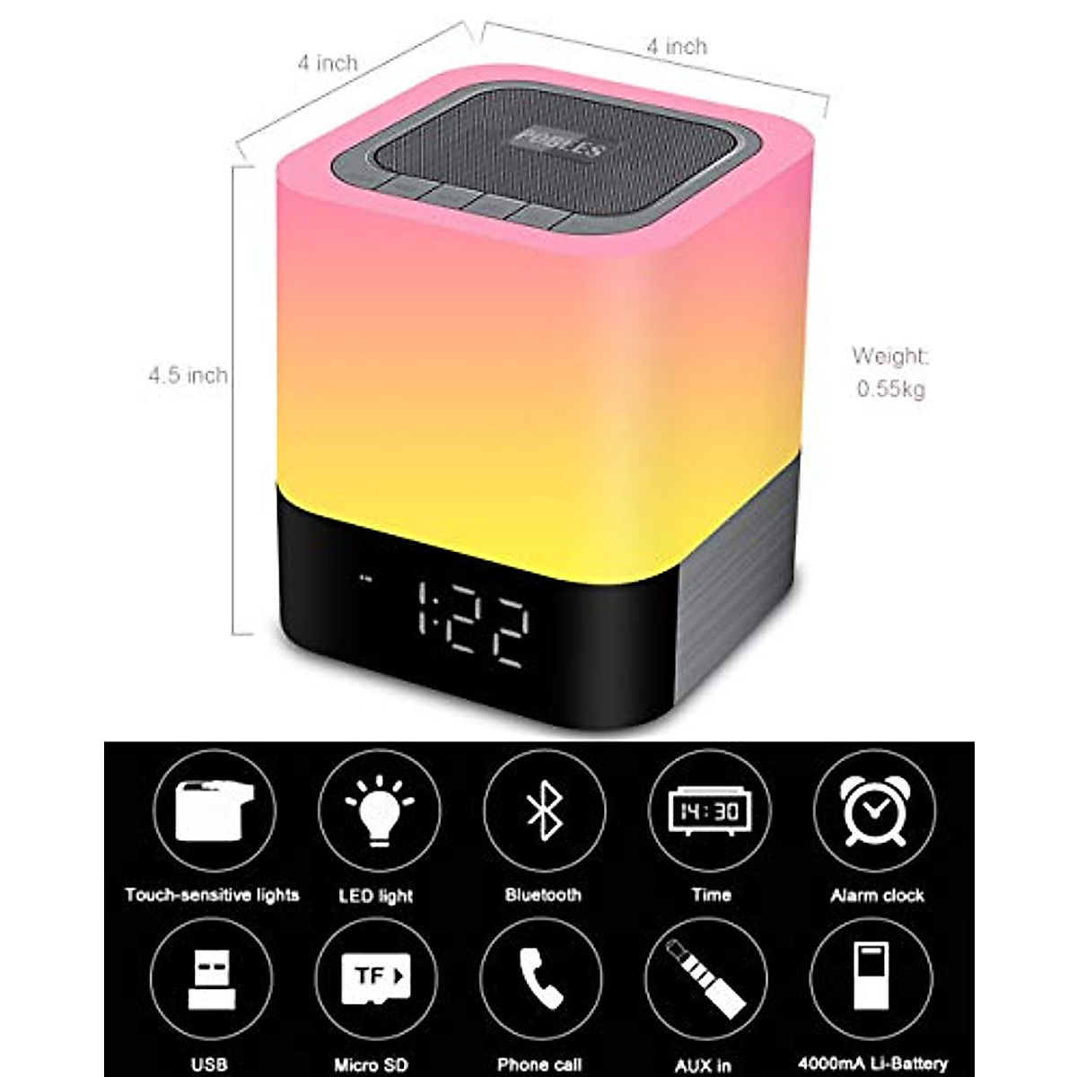 Bluetooth Speaker Night Light,12/24H Alarm Clock, 5 in 1 Touch Sensor Beside Lamp, Dimmable & Multi-Color Changing,SD TF Card MPF Music Player,Gift ideas for 10 11 12 13 14 Year Old Teenage Girls/Boys