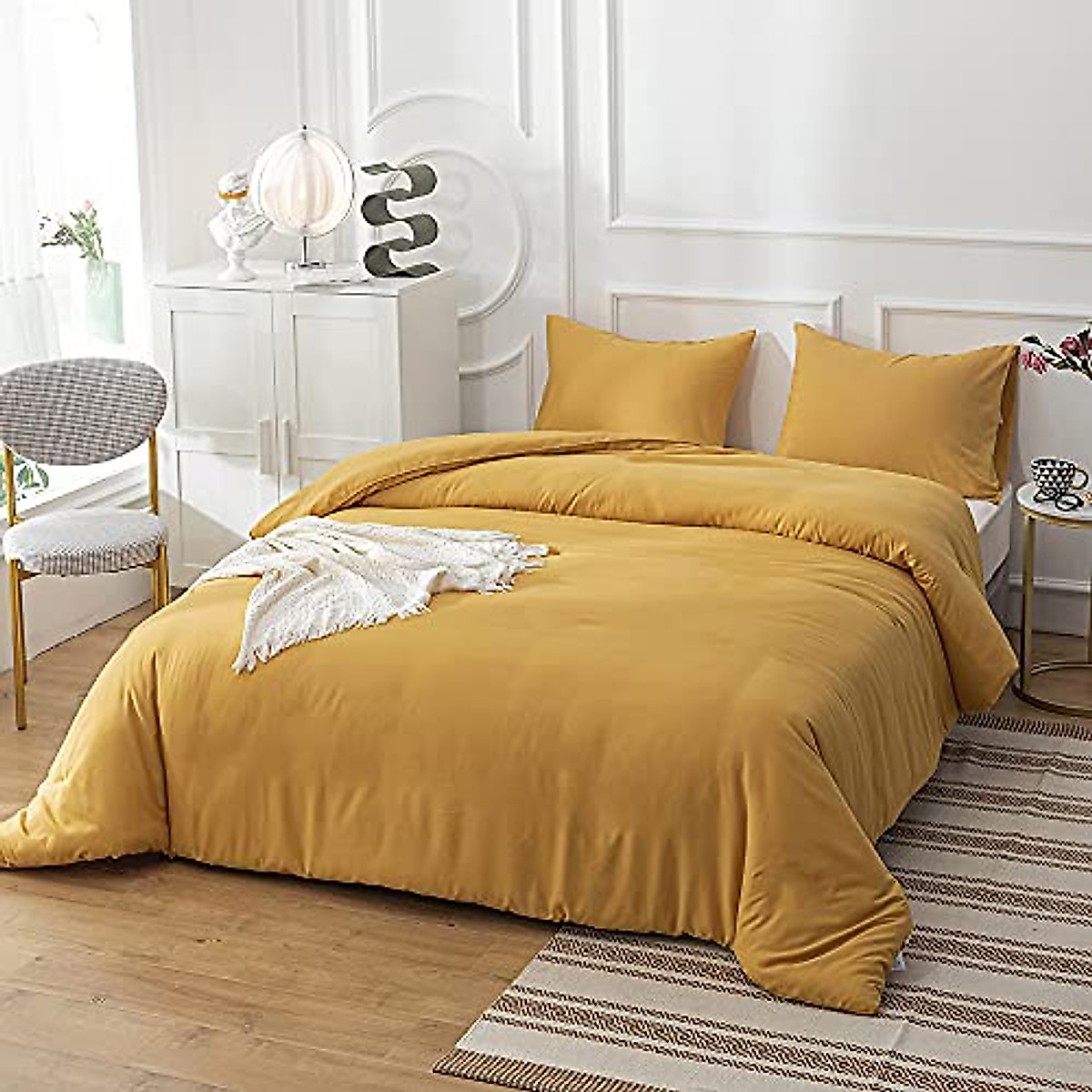 CLOTHKNOW Mustard Yellow Comforter Set California King Turmeric Bedding Comforter Sets Dark Yellow Bed Comforter Yellow Comforter King Comforter Soft 3Pcs Mustard Comforter Sets Cal King
