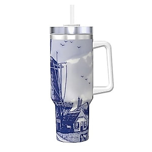 Xiexide 40oz Stainless Steel Gifts Vintage Blue Nederland Dutch Windmill Country Double Walled Vacuum Insulatedith Handle And Straw,Hot & Cold Drinks