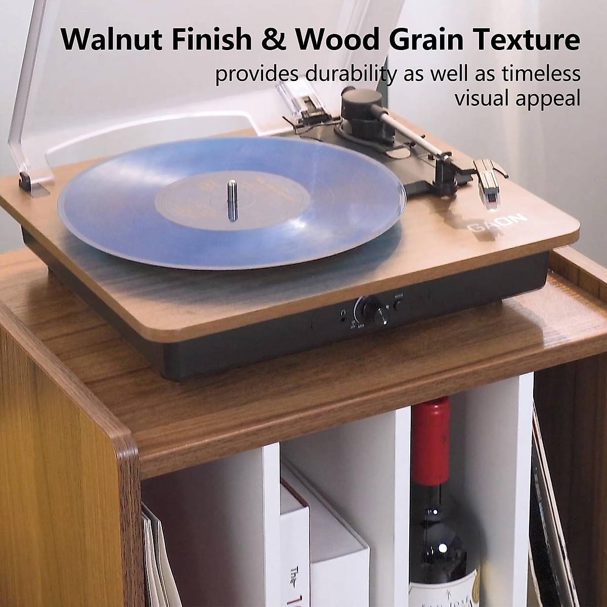 Artswish Record Player Stand Mid Century Turntable Table Vinyl Record Storage Table with 4 Cabinet, Walnut Record Display Table for Living Room Bedroom