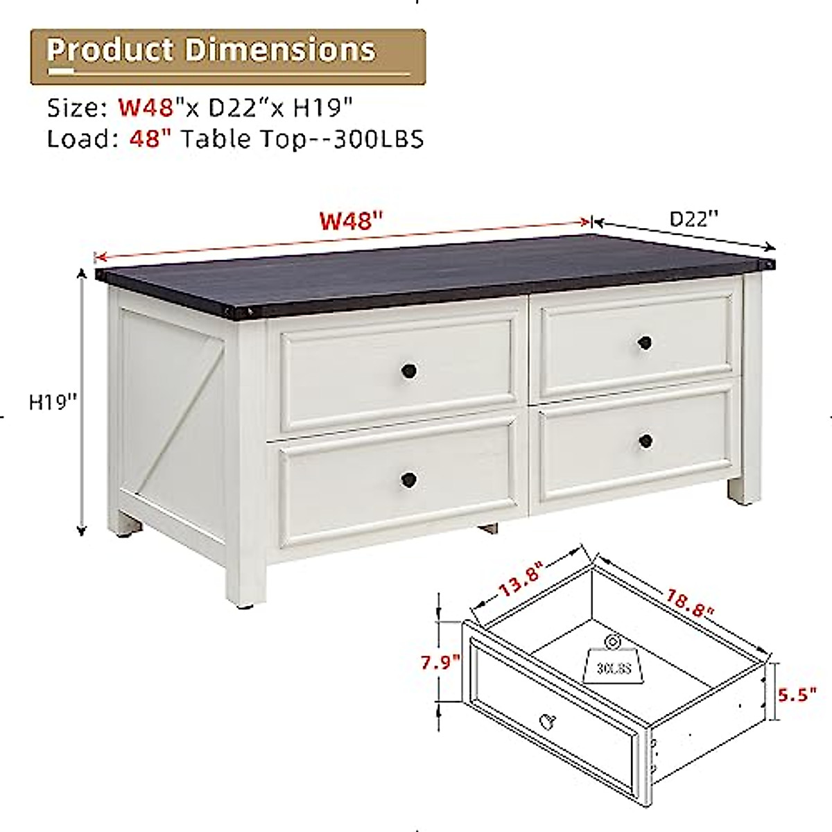 48” Modern Farmhouse Wood Coffee Table with 4 Large Storage Drawers; Decorative Rustic Living Room Coffee Table; Work from Home, Office and Living Room Storage for Books, Desk Supplies, Games, Blanket