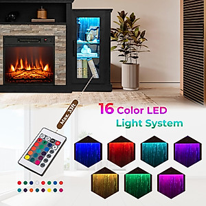 COSTWAY Electric Fireplace TV Stand for TVs Up to 65 Inches, 18-inch Fireplace Insert with APP Control, Remote Control, 16 Color Lights, Wooden Entertainment Center with Adjustable Shelves, Black