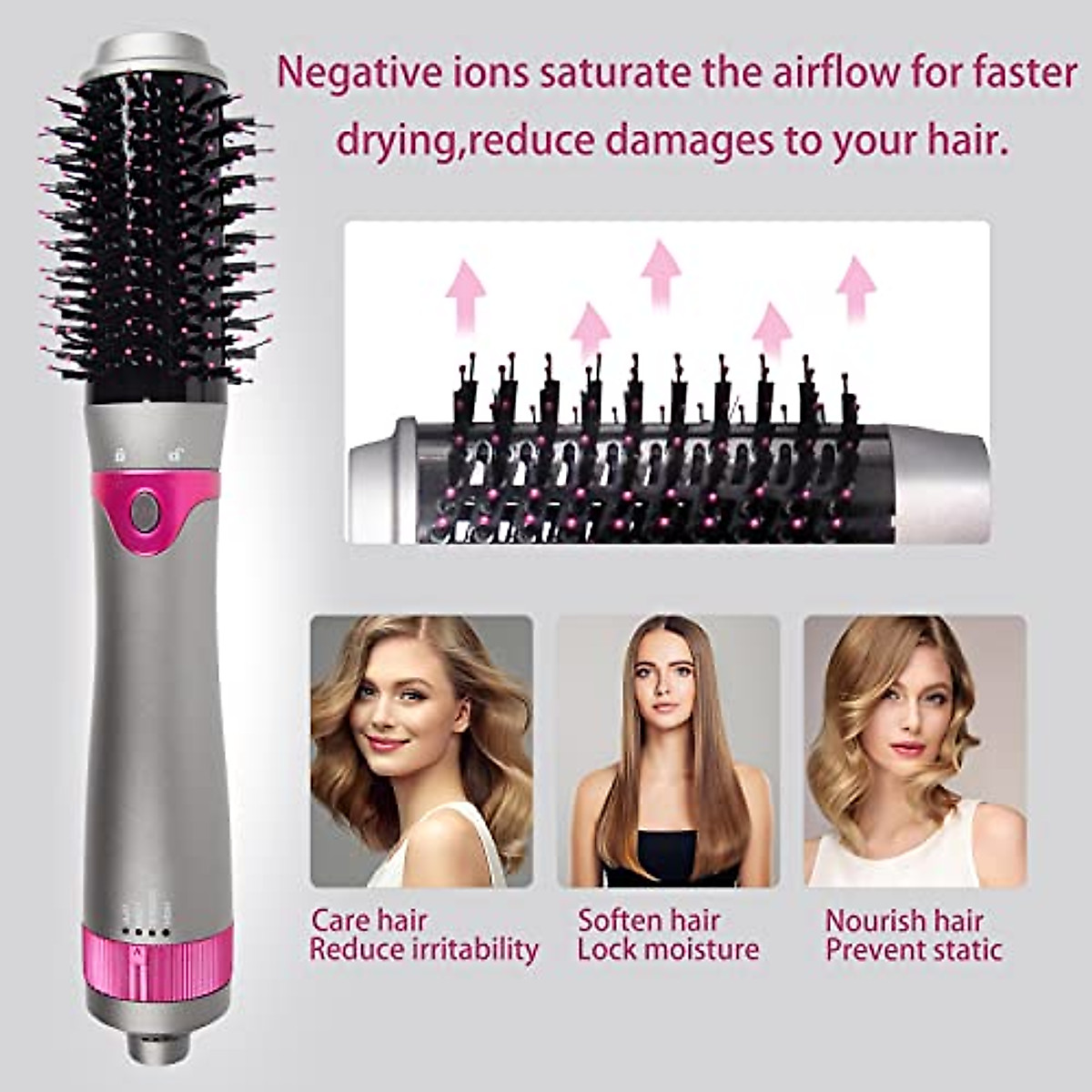 6 in 1 Hair Dryer Brush, Blow Dryer Styler with Negative Ionic Electric Hot Air, Detachable Hair Straightener & Curly Comb, Gifts for Women & Girlfriends, Gray and Pink