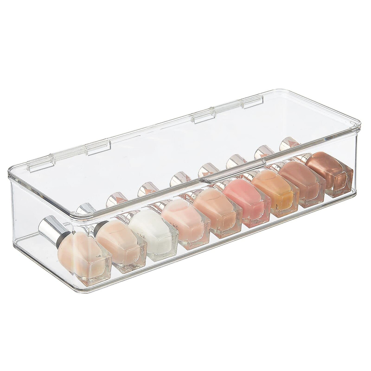 mDesign Long Plastic Cosmetic Storage Organizer Box Containers with Hinged Lid for Bedroom, Bathroom, and Vanity Shelf or Cabinet, Holds Masks, Palettes, Lotion, Astringents, or Nail Polish - Clear