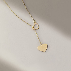 GELIN 14k Solid Gold Two Heart Lariat Y-Necklace for Women