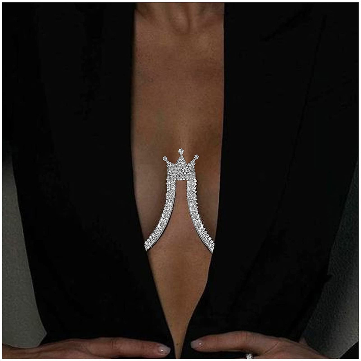 Rhinestone Chest Bracket Chain Trendy Queen Crown Crystal Harness Chest Bra Chain Sexy Bikini Nightclub Body Chain Jewelry for Women (Crown-silver)
