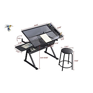Lambgier Glass Craft Table Drawing Desk – Drafting Tables Hobby Table Writing Studio Art Artist Desk with Adjustable Tilted Tabletop (Black)