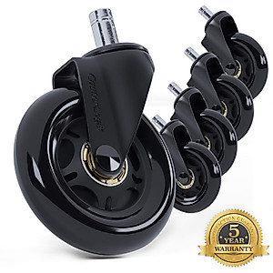Office Chair Caster Wheels (Set of 5) [Heavy Duty, Soft Rubber, Fully Safe for All Floors incl. Hard-Wood] Desk Chair Roller Style Caster Wheel Replacement - Black Color