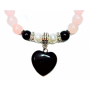 Onyx Heart Charm Bracelet GENUINE NATURAL STONES Handmade Bracelet Black Onyx Pearls Rose Quartz Powerful HEART CHAKRA Stone Birthstone Bracelet USA HANDMADE