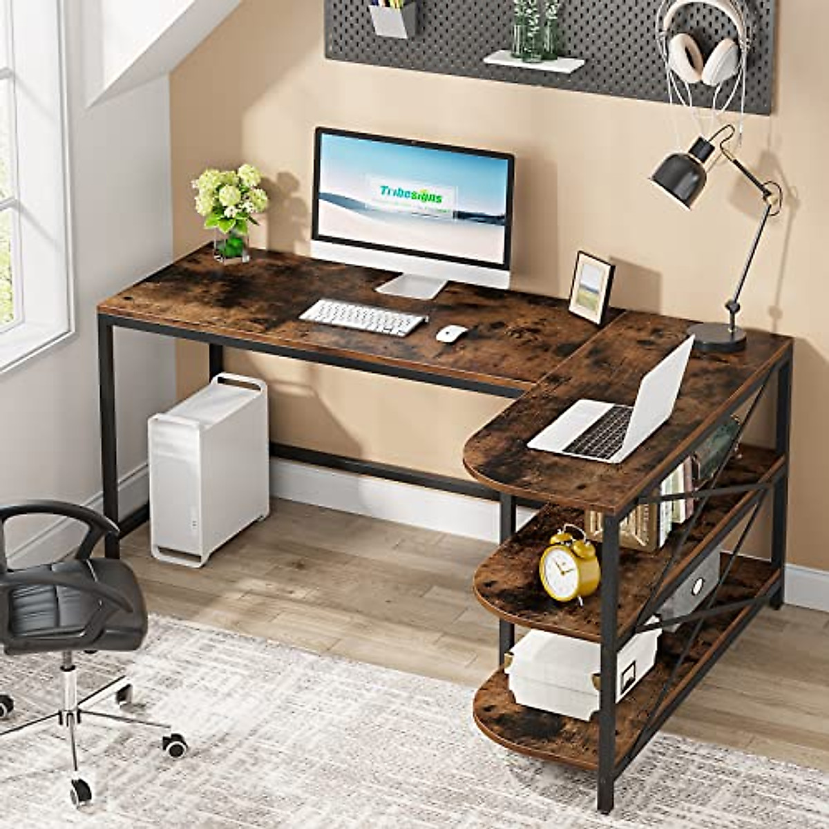 Tribesigns 59 inches L-Shaped Computer Desk, Industrial Writing Desk with Storage, Large Computer Desk with Shelves, Corner Computer Desk for Home Office, Individual Workstation for Study and Work