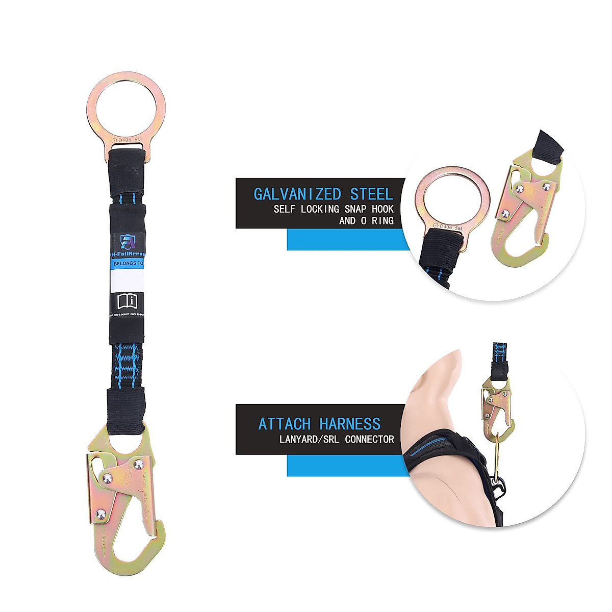 FHFallArrest 18 Inch D Ring Extender with Galvanized Steel Self Locking Snap Hook and O Ring，Heavy Duty Fall Protection Safety Harness Extension Lanyard，For Construction & Roofing, OSHA/ANSI Compliant