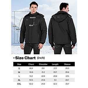 Sportneer Men Waterproof Ski Jackets: Winter Spring Warm Snow Coats Windbreaker Hooded Raincoat Jacket Black L