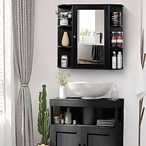 Iwell Bathroom Medicine Cabinet with Mirror, Bathroom Wall Cabinet with 2 Adjustable Shelves & 6 Open Shelves, Bathroom Cabinet Wall Mounted, Over The Toilet Space Saver Storage Cabinet, Black
