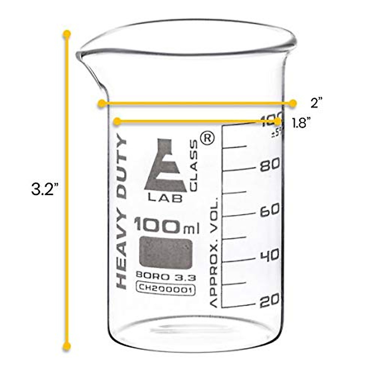 EISCO Heavy Duty Beaker, 100ml - 5mm Thick, Uniform Walls - Superior Durability & Chemical Resistance - White Graduations - Borosilicate 3.3 Glass